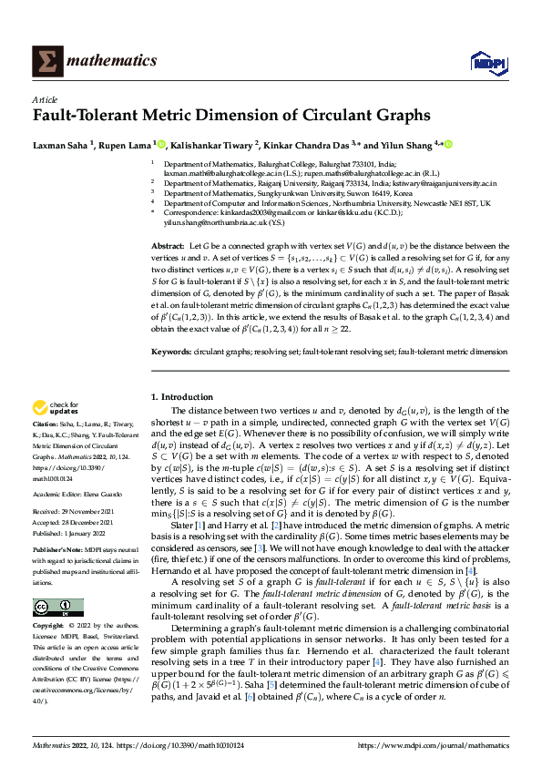 (PDF) Fault-Tolerant Metric Dimension of Circulant Graphs