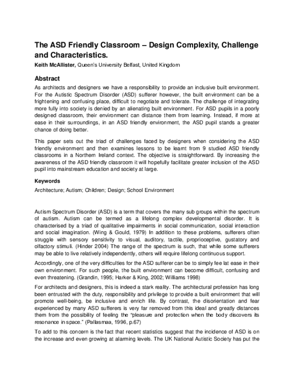 (PDF) The ASD Friendly Classroom - Design Complexity, Challenge ...