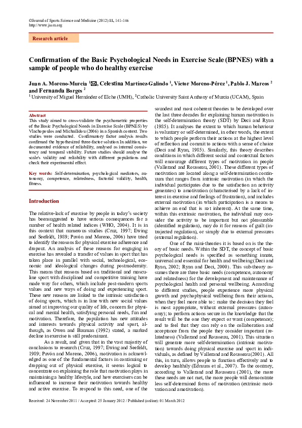 (PDF) Confirmation of the Basic Psychological Needs in Exercise Scale (BPNES) With a Sample of ...