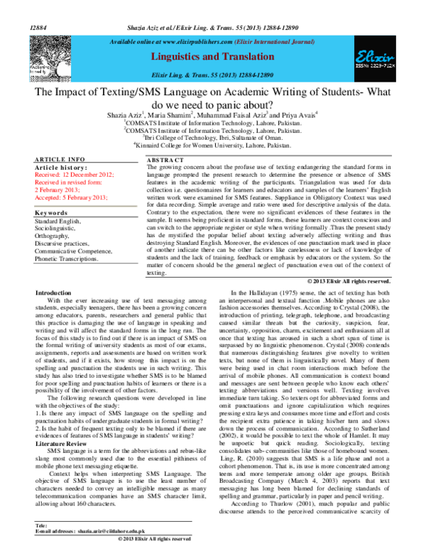(PDF) The Impact of Texting/SMS Language on Academic Writing of ...