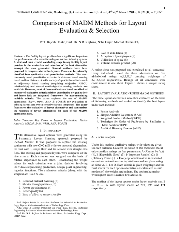 (PDF) Comparison of MADM Methods for Layout Evaluation & Selection