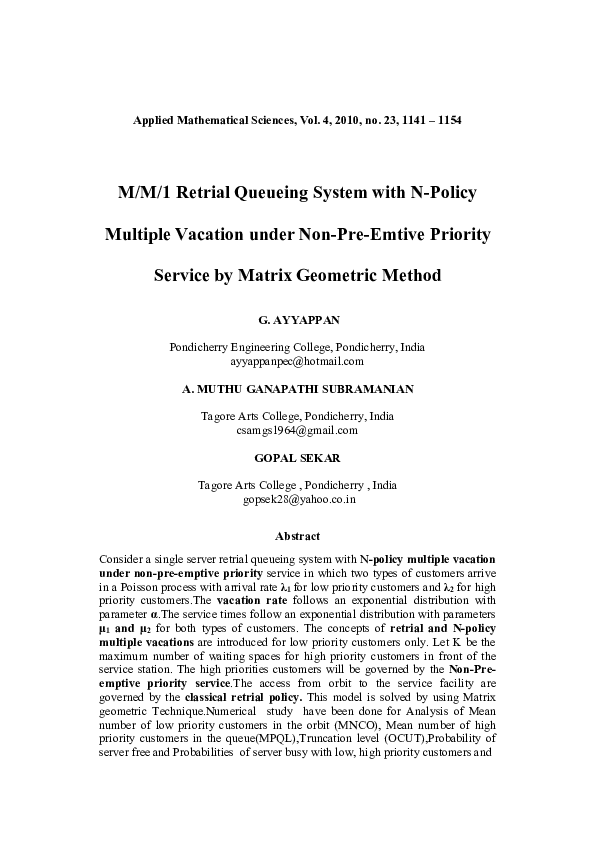 (PDF) M/M/1 Retrial Queueing System with N-Policy Multiple Vacation under Non-Pre-Emtive ...