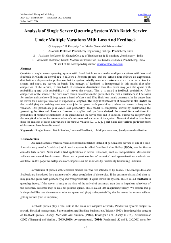 (PDF) Analysis Of Single Server Queueing System With Batch Service Under Multiple Vacations With ...