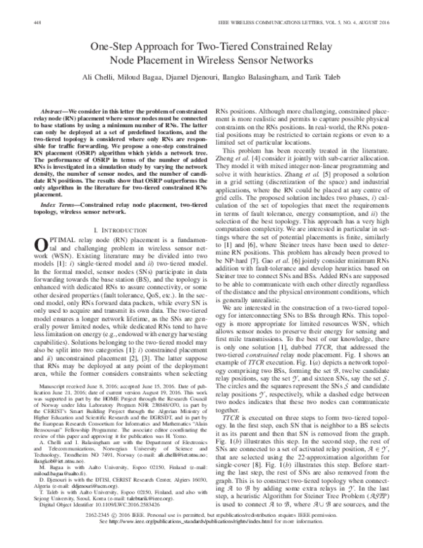 Pdf One Step Approach For Two Tiered Constrained Relay Node Placement In Wireless Sensor