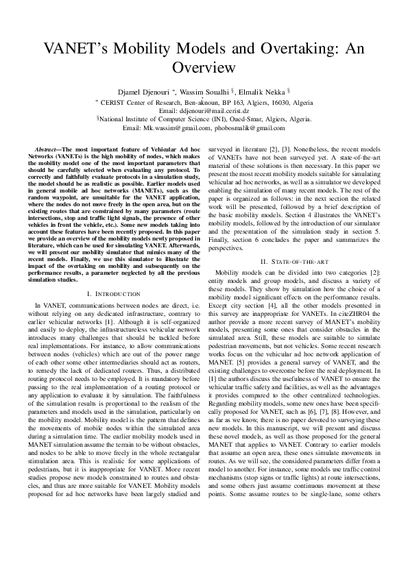 (PDF) VANET's mobility models and overtaking: an overview