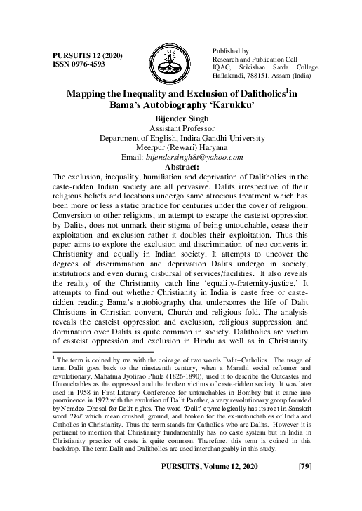 (PDF) Mapping the Inequality and Exclusion of Dalitholics in Bama's ...