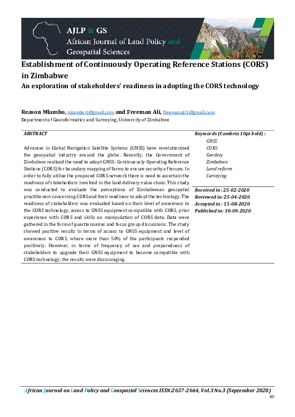 (PDF) Establishment of Continuously Operating Reference Stations (CORS ...