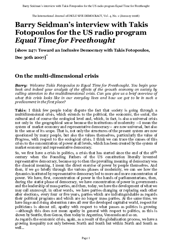 (PDF) Barry Seidman ’ s interview with Takis Fotopoulos for the US ...
