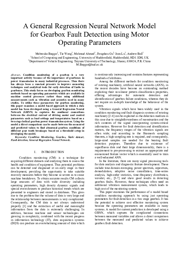(PDF) A general regression neural network model for gearbox fault detection using motor ...