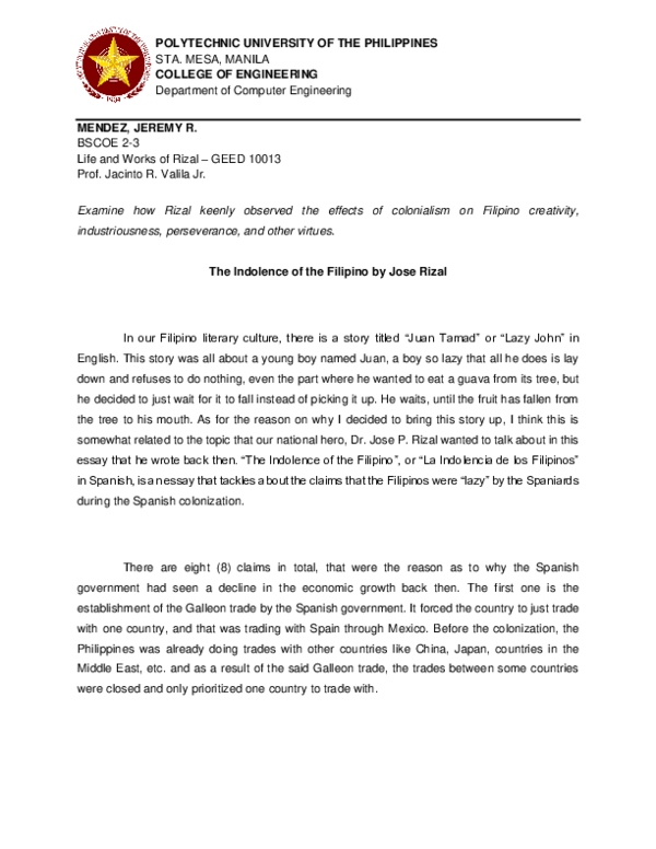 (PDF) The Indolence of the Filipino | Reflection Paper