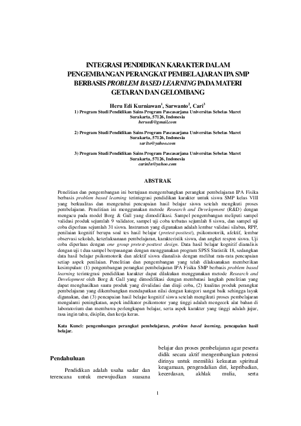 (PDF) Integrasi Pendidikan Karakter Dalam Pengembangan Perangkat Pembelajaran Ipa SMP Berbasis ...