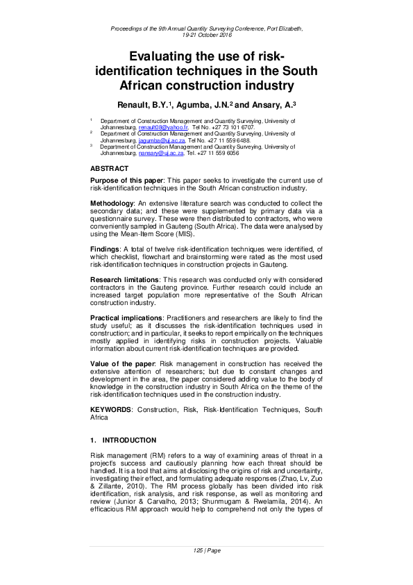 PDF Evaluating The Use Of Risk identification Techniques In The South African Construction pdf-evaluating-the-use-of-risk-identification-techniques-in-the-south-african-construction