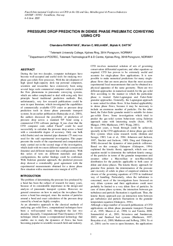 (PDF) Pressure Drop Prediction in Dense Phase Pneumatic Conveying Using CFD