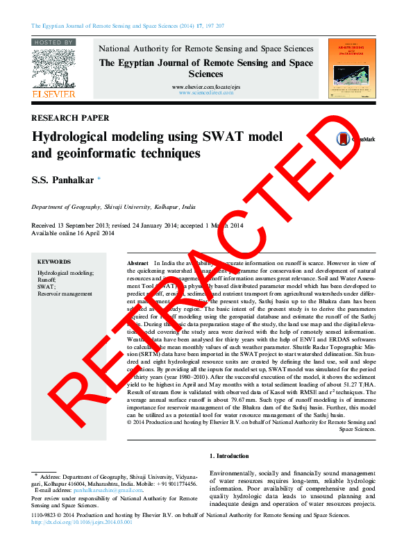 (PDF) RETRACTED: Hydrological modeling using SWAT model and ...