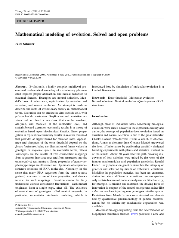 (PDF) Mathematical modeling of evolution. Solved and open problems