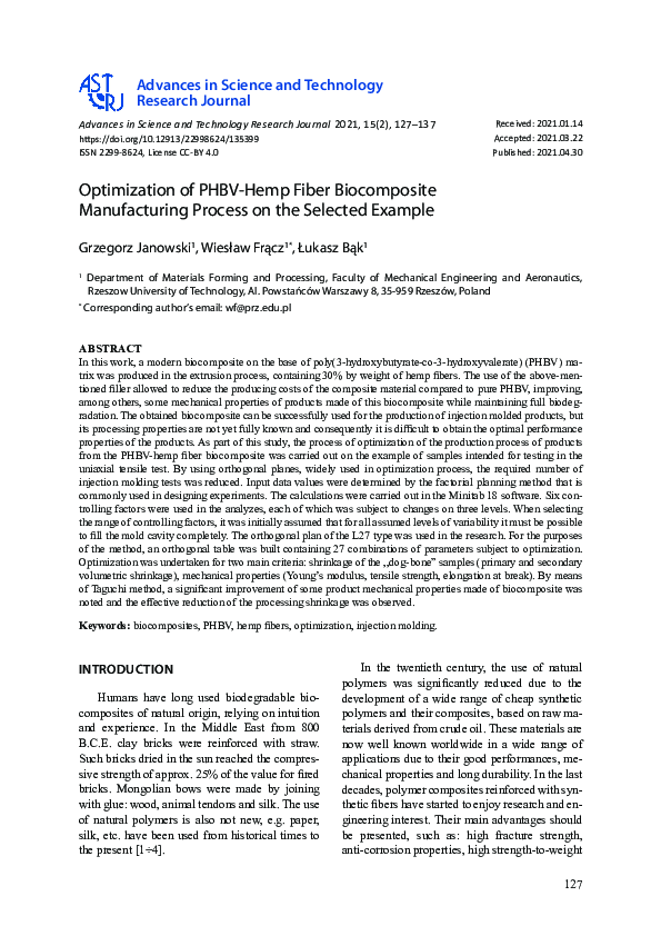 (PDF) The Optimization of PHBV-hemp Fiber Biocomposite Manufacturing ...
