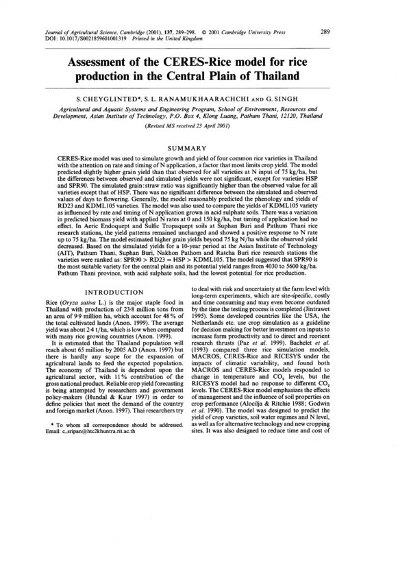 (PDF) Assessment of the CERES-Rice model for rice production in the ...