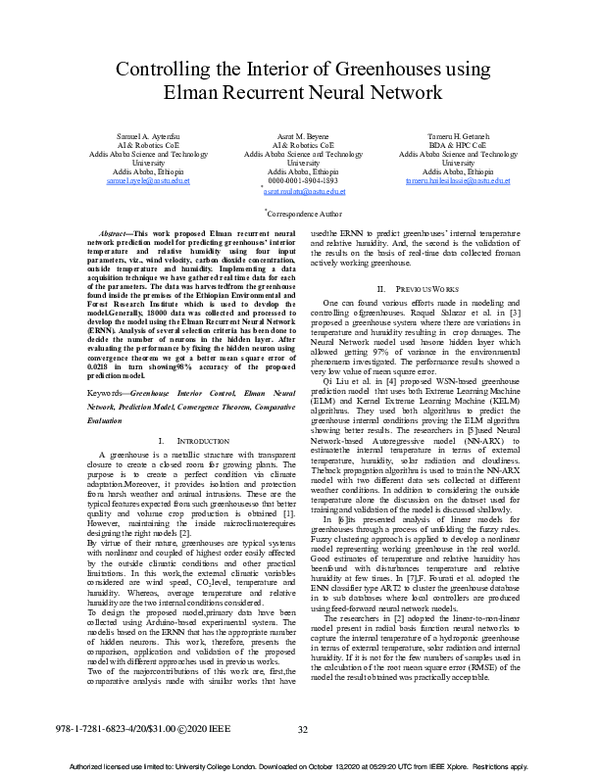 (PDF) Controlling the Interior of Greenhouses using Elman Recurrent Neural Network