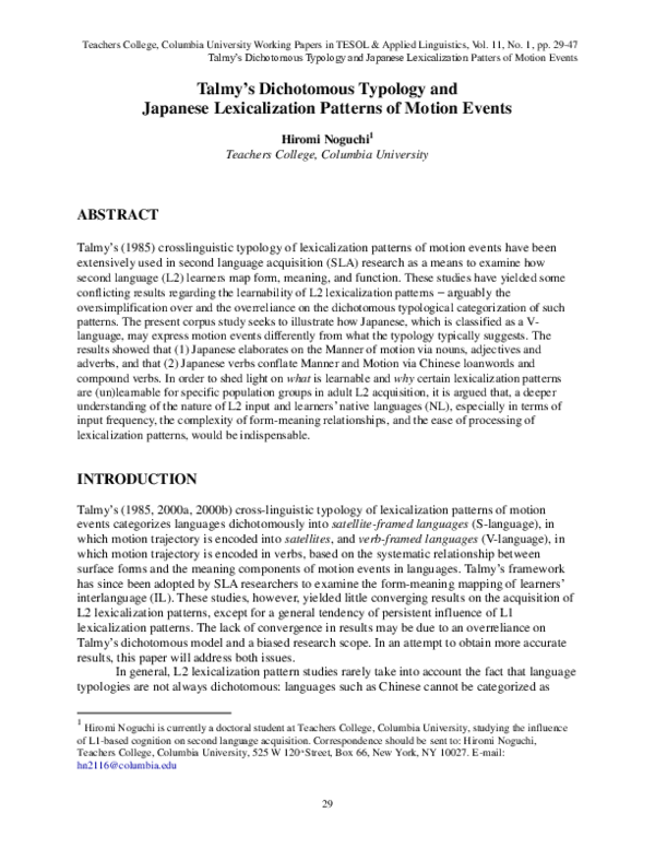 (PDF) OF THE LITERATURE Talmy ’ s Typology of Lexicalization Patterns of Motion Events