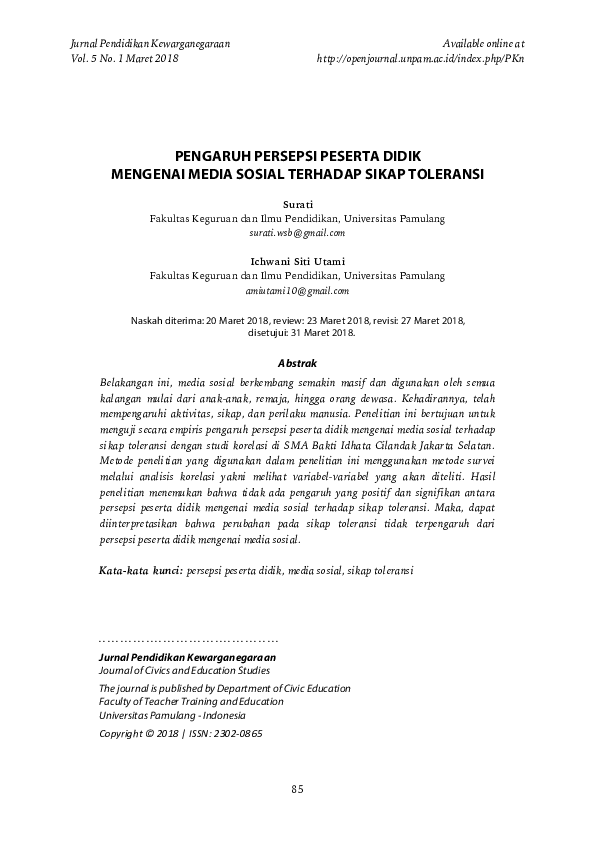 (PDF) Pengaruh Persepsi Peserta Didik Mengenai Media Sosial Terhadap Sikap Toleransi