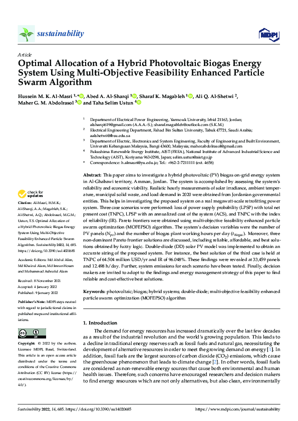 Pdf Optimal Allocation Of A Hybrid Photovoltaic Biogas Energy System Using Multi Objective