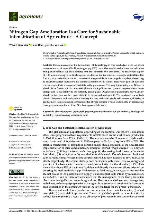(PDF) Nitrogen Gap Amelioration Is a Core for Sustainable Intensification of Agriculture—A Concept