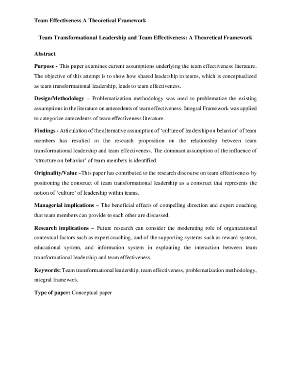 (PDF) Team Effectiveness A Theoretical Framework Team Transformational ...