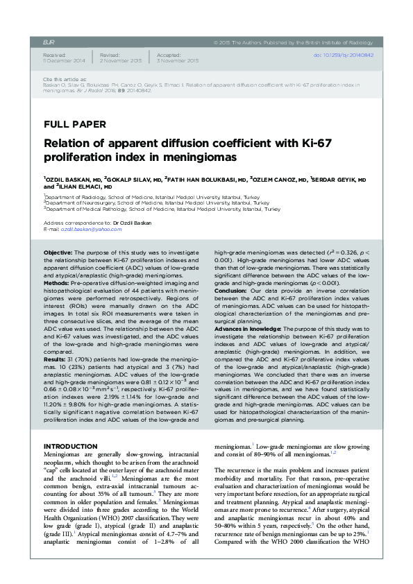 (PDF) Relation of apparent diffusion coefficient with Ki-67 proliferation index in meningiomas