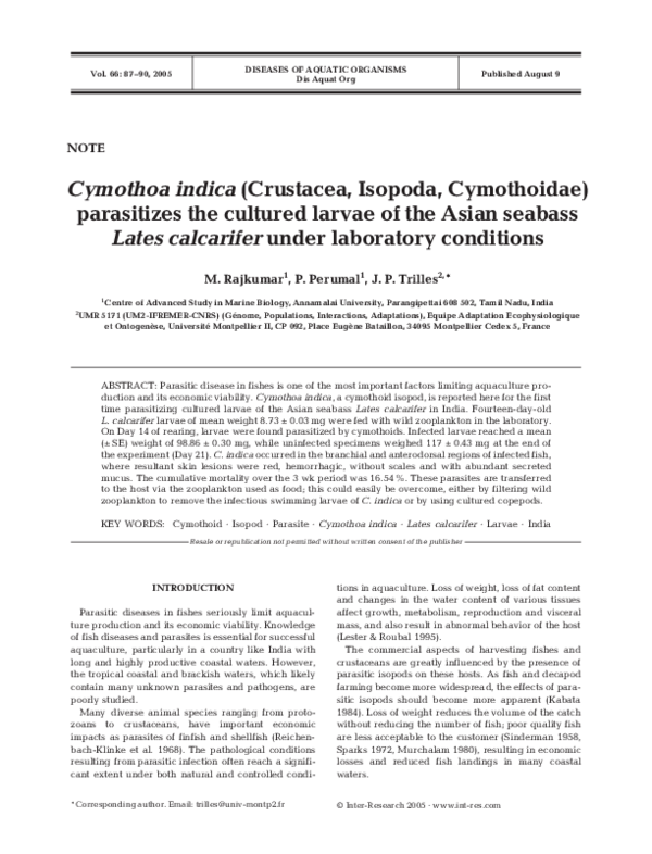 (PDF) Cymothoa indica (Crustacea, Isopoda, Cymothoidae) parasitizes the ...