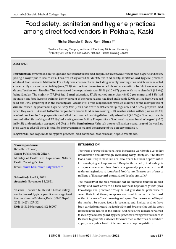 (PDF) Food safety, sanitation and hygiene practices among street food ...