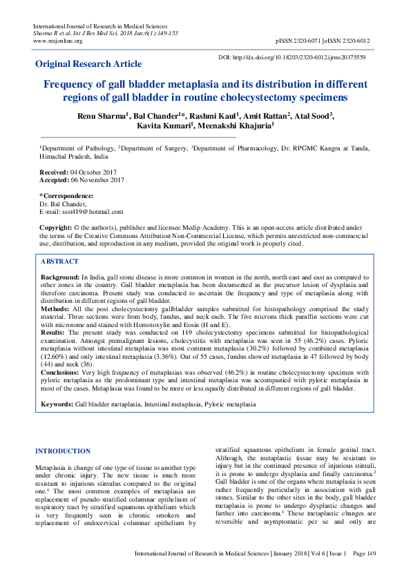 (PDF) Frequency of gall bladder metaplasia and its distribution in ...