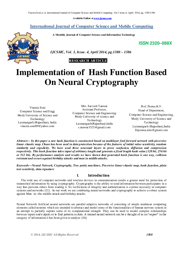(PDF) Implementation of Hash Function Based On Neural Cryptography