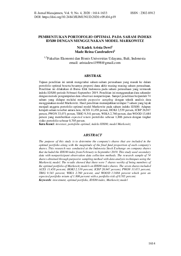 Pdf Pembentukan Portofolio Optimal Pada Saham Indeks Idx80 Dengan Menggunakan Model Markowitz