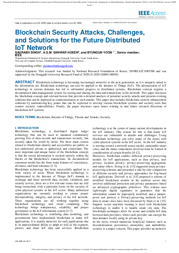 Pdf Blockchain Security Attacks Challenges And Solutions For The Future Distributed Iot Network