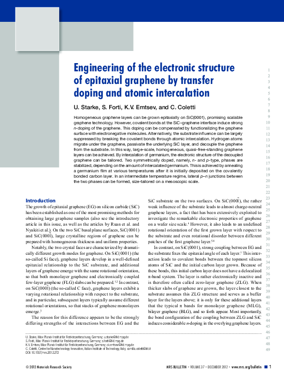 (PDF) Engineering the electronic structure of epitaxial graphene by transfer doping and atomic ...