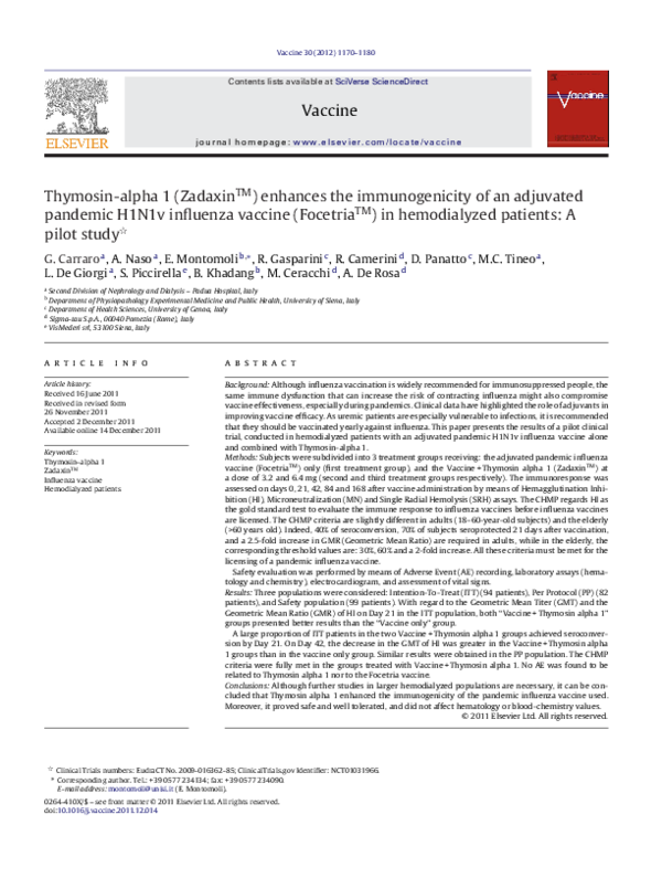 (PDF) Thymosin-alpha 1 (Zadaxin™) enhances the immunogenicity of an ...