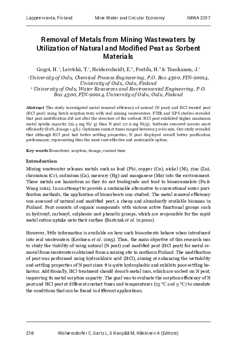 (PDF) Removal of metals from mining wastewaters by utilization of natural and modified peat as ...