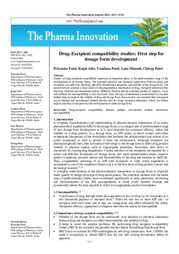 (PDF) Drug-Excipient compatibility studies: First step for dosage form ...