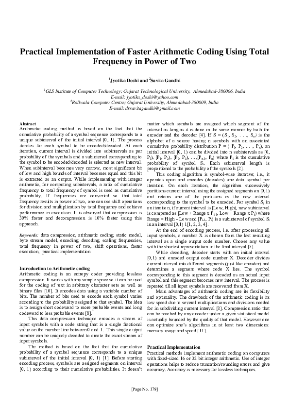(PDF) Practical Implementation of Faster Arithmetic Coding Using Total Frequency in Power of Two
