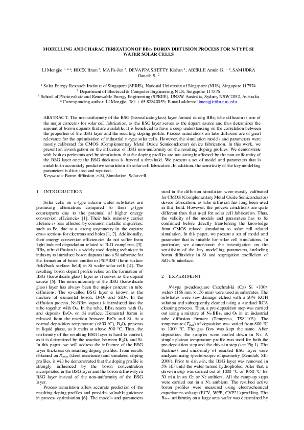 (PDF) MODELLING AND CHARACTERIZATION OF BBr3 BORON DIFFUSION PROCESS ...