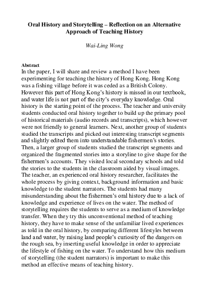 (PDF) Oral History and Storytelling -Reflection on an Alternative ...