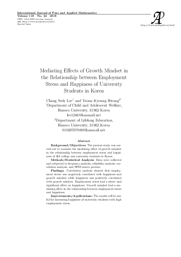 (PDF) Mediating Effects of Growth Mindset in the Relationship between Employment Stress and ...