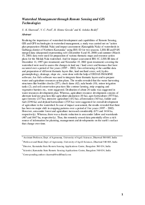 Pdf Watershed Management Through Remote Sensing And Gis Technologies