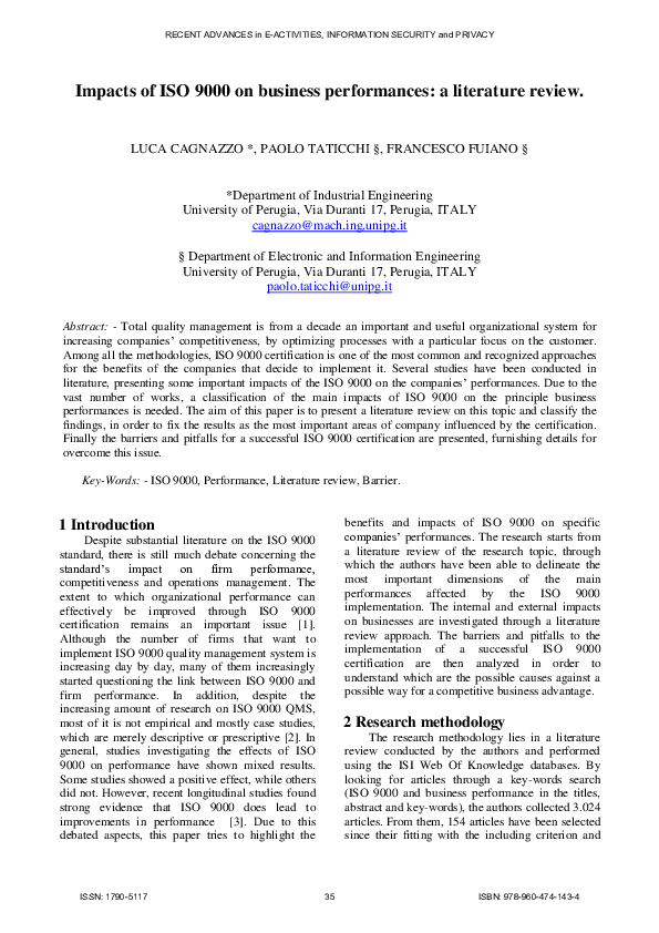 Pdf Impacts Of Iso 9000 On Business Performances A Literature Review