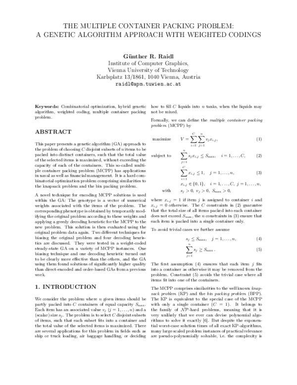 Pdf The Multiple Container Packing Problem A Genetic Algorithm Approach With Weighted Codings