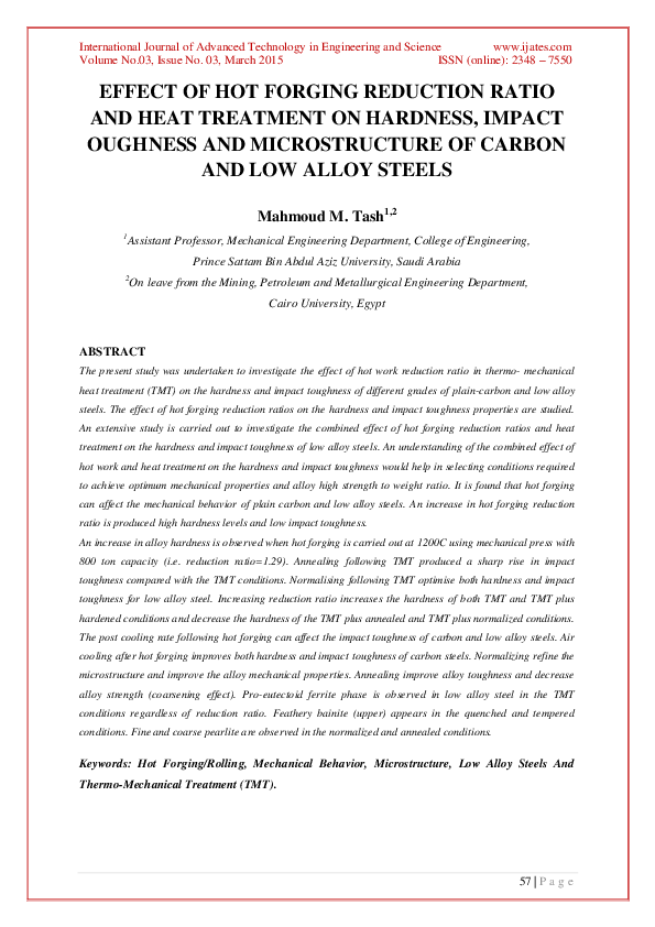 (PDF) Effect of Hot Forging Reduction Ratio and Heat Treatment on Hardness, Impact Oughness and ...