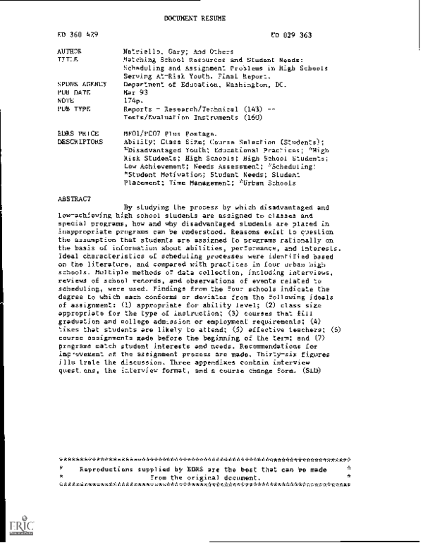 (PDF) Matching School Resources and Student Needs: Scheduling and ...