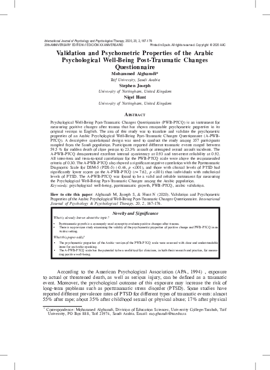 (PDF) Validation and Psychometric Properties of the Arabic Psychological Well-Being Post ...