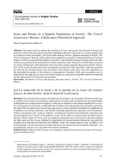 (PDF) Irony and Parody in a Spanish Translation of Fowles’ "The French ...