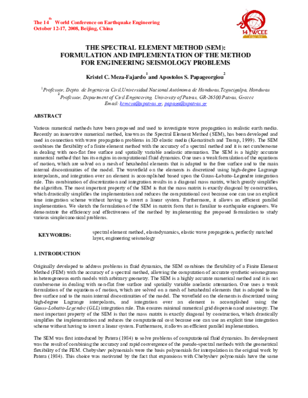 (PDF) The Spectral Element Method ( Sem ) : Formulation and Implementation of the Method for ...